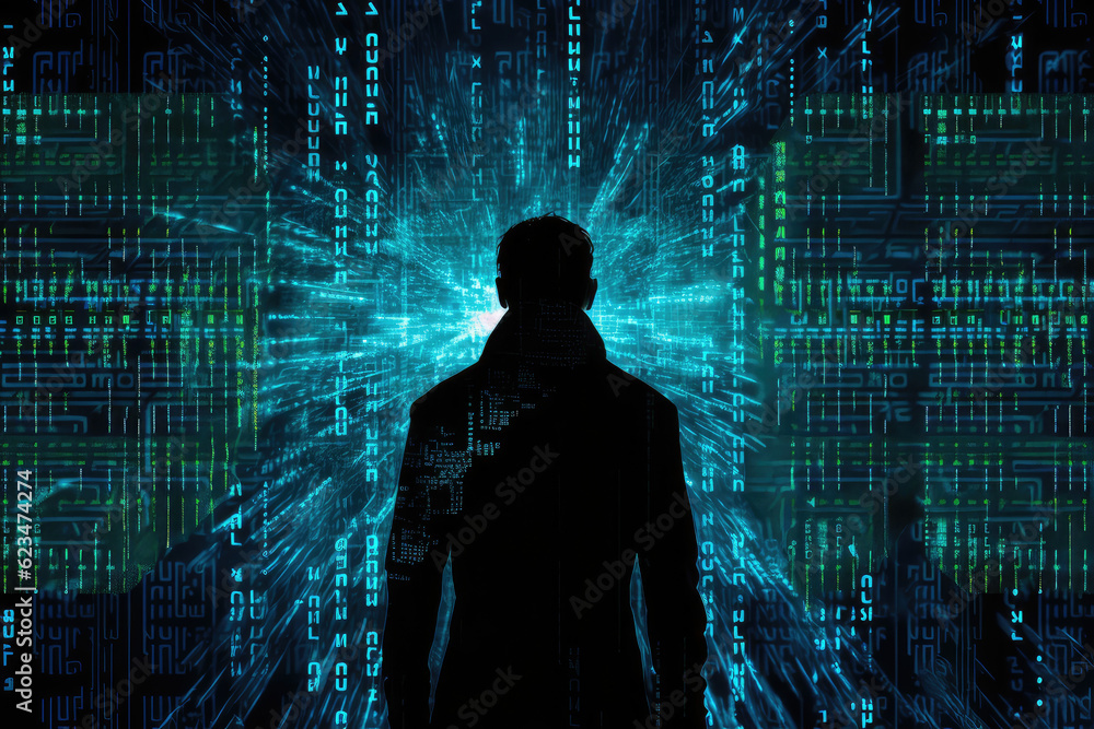 A computer hacker stands in front of data information background, cyber ...