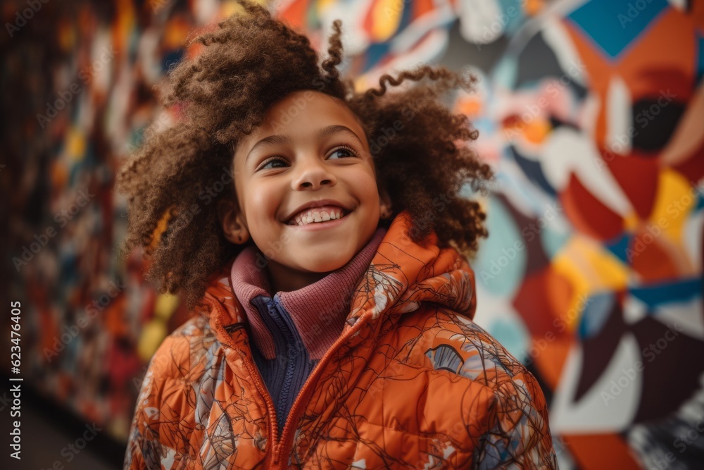 Close-up portrait photography of a joyful kid female wearing a warm ...