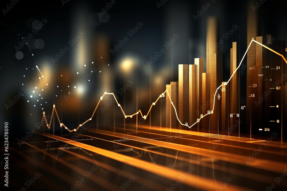 Financial Trend Graphs on Wall with Computer and Digital Clock in Light ...