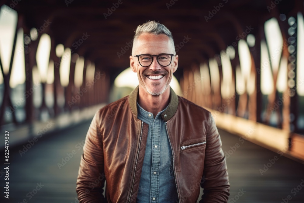 Eclectic portrait photography of a grinning mature man wearing a sleek ...