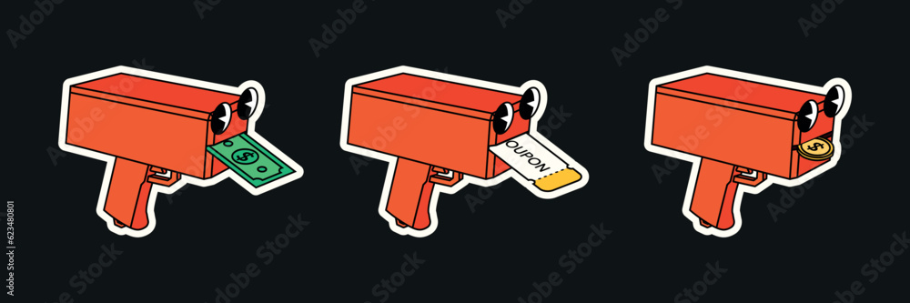 Set of funny groovy retro clip art of toy guns. Money, coupon and coin ...
