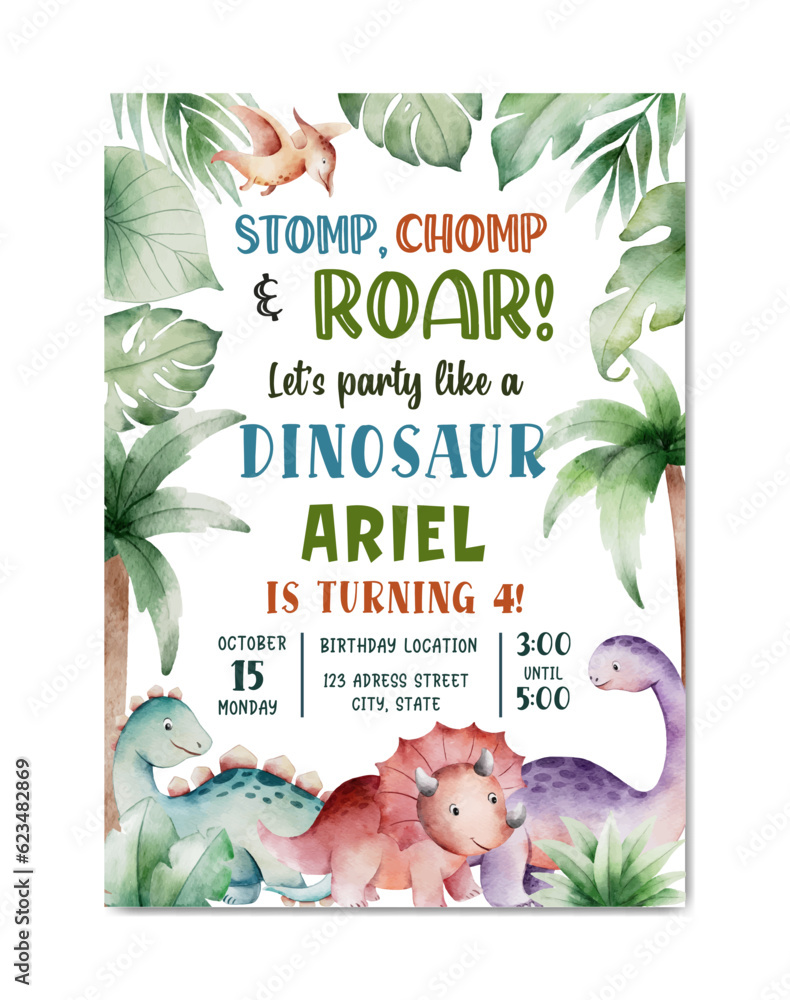 Birthday invitation card with dinosaur theme watercolor background ...