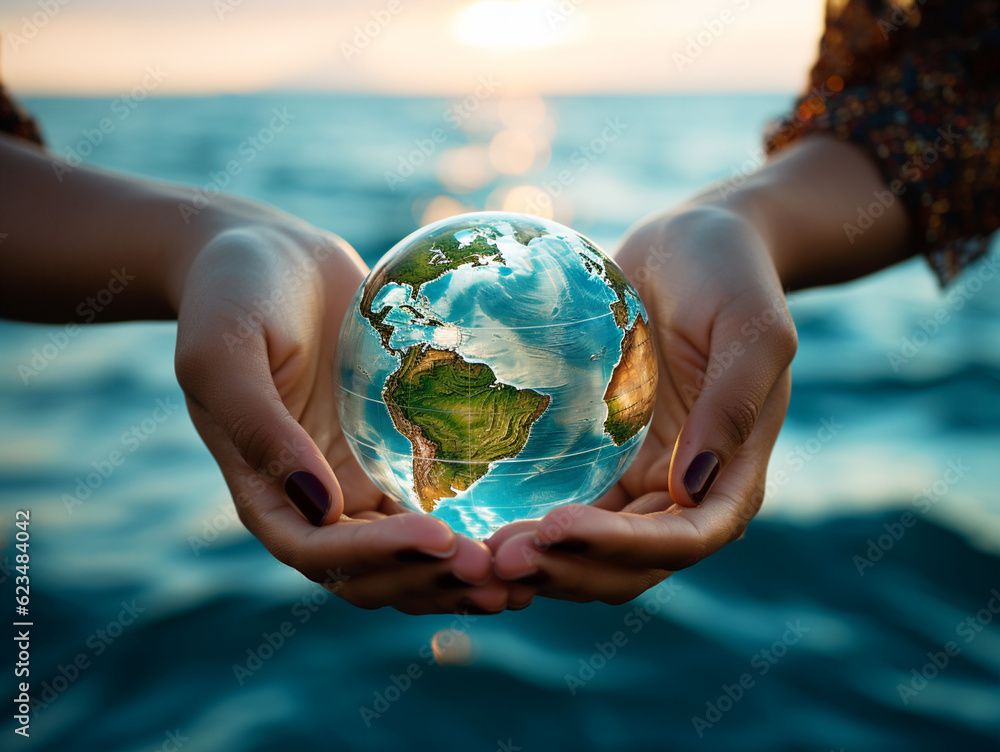 Round blue planet Earth in female hands on the background of blue sea ...