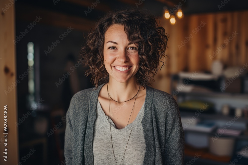 Three-quarter studio portrait photography of a joyful girl in her 30s ...