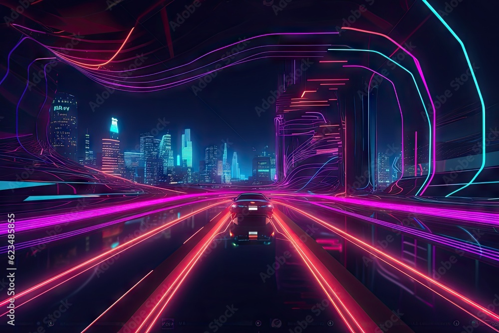 Neon Color Motion On Speedway. Scifi illustration with neon lights and ...