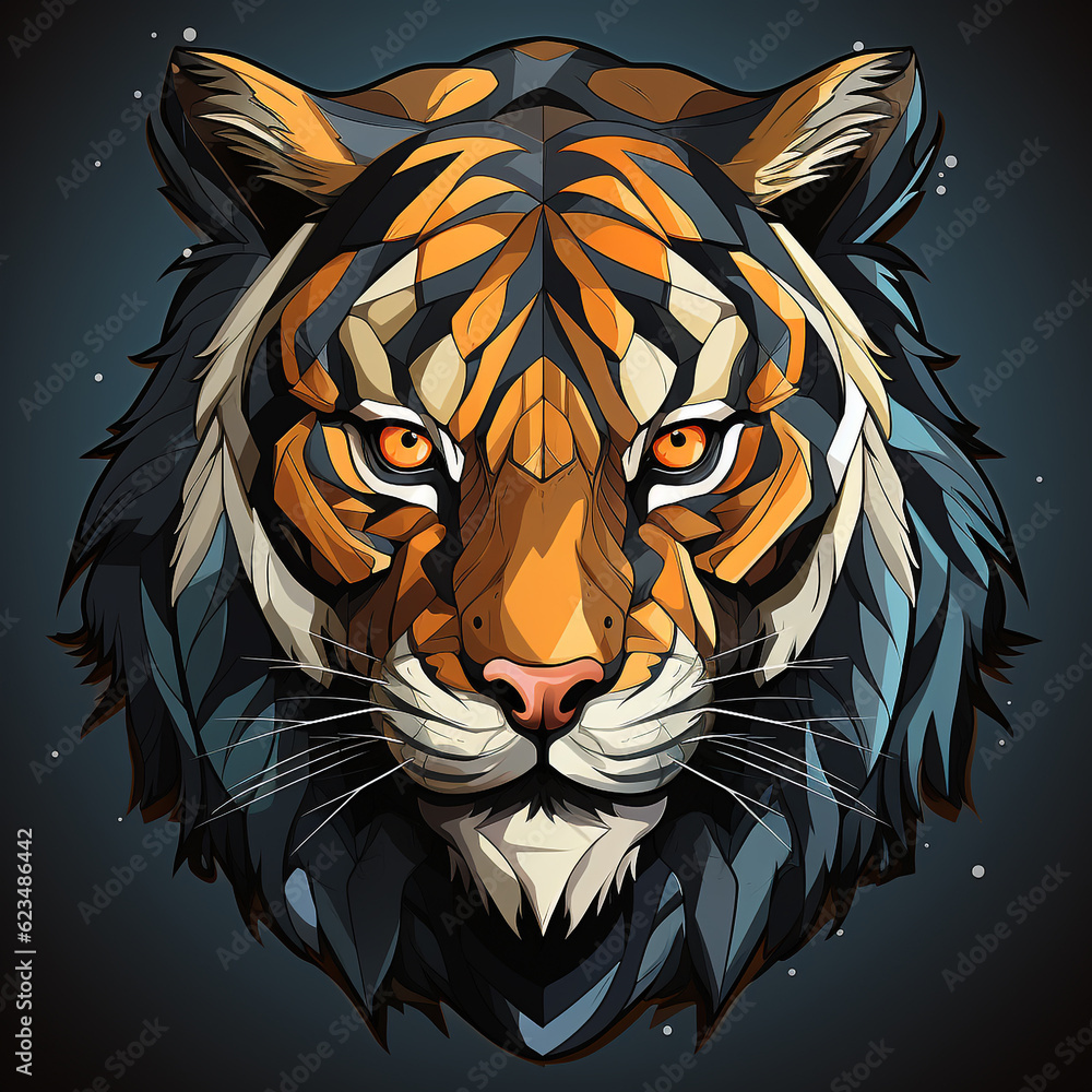 2D logo of the face of an adult tiger with a plain color background ...