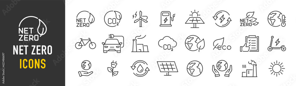 Net Zero web icons in line style. Green energy, CO2 neutral, gas ...