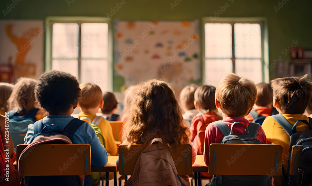 kids going back to school in a happy colorful classroom Stock ...