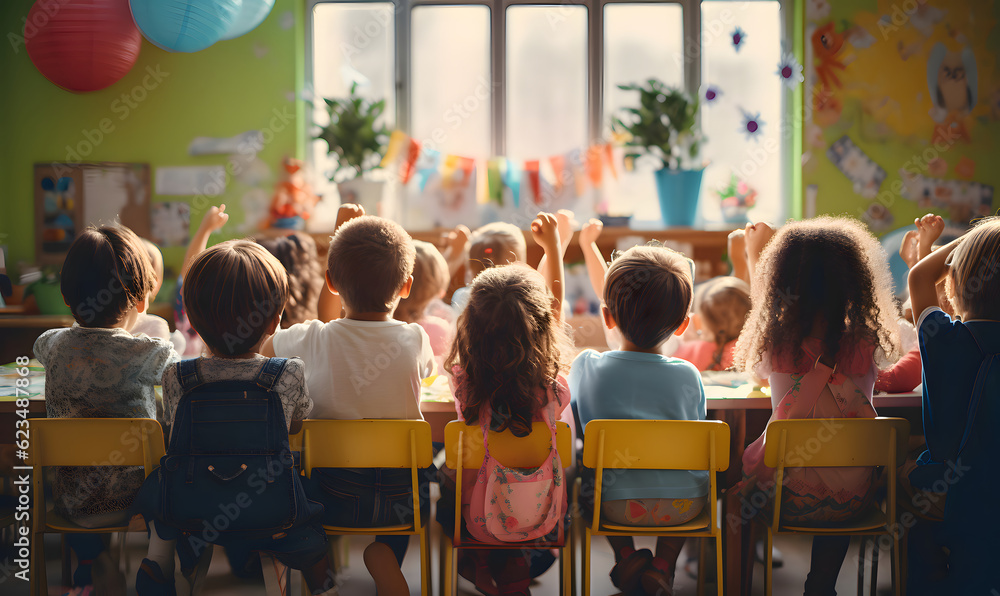 kids going back to school in a happy colorful classroom Stock ...