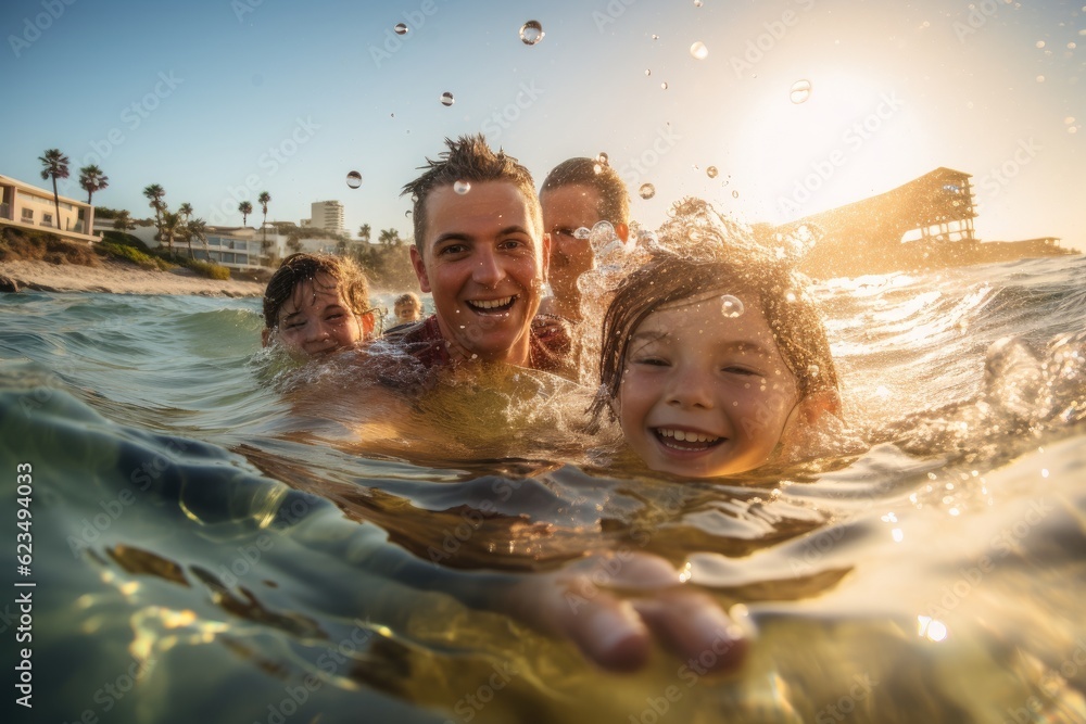 a photo of a cute lovely family with their children swimming in the ...