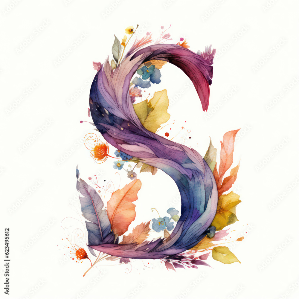 letter S in ornate colourful watercolour feather illustration style ...
