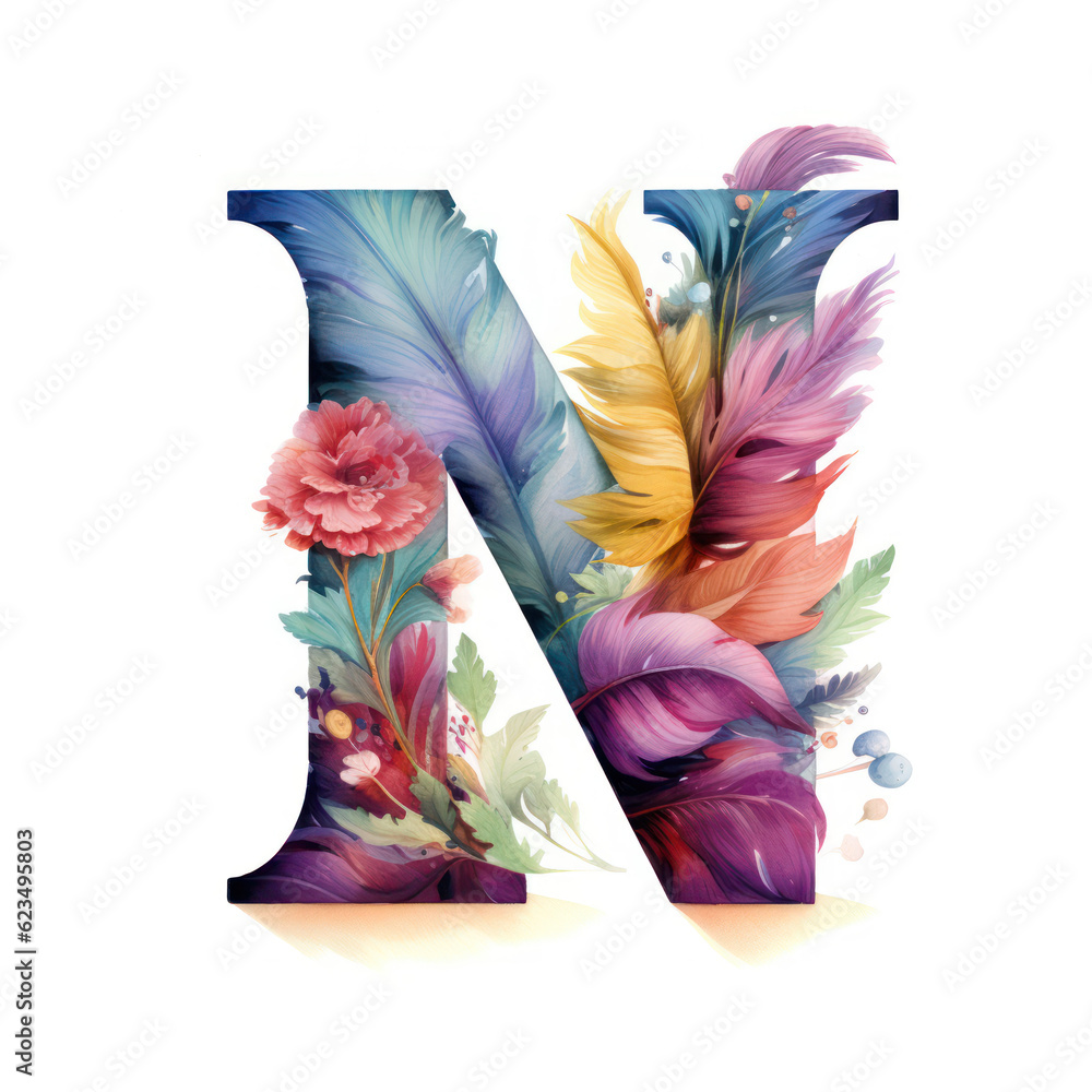 letter N in ornate colourful watercolour feather illustration style ...