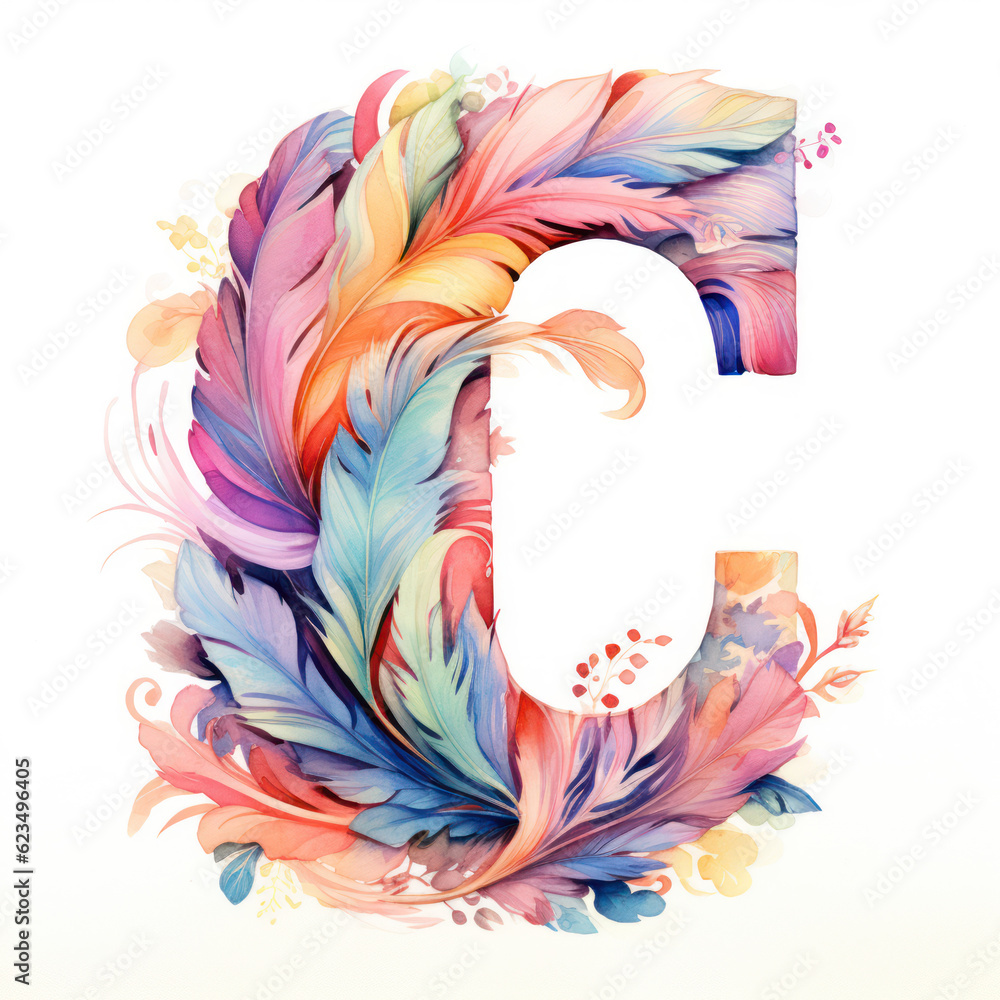 letter C in ornate colourful watercolour feather illustration style ...