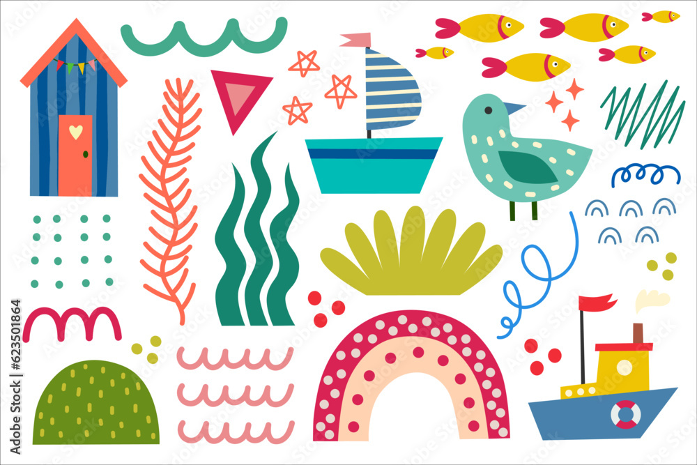 Summer design elements, house beach, rainbow, fish, boat, bird, seaweed ...