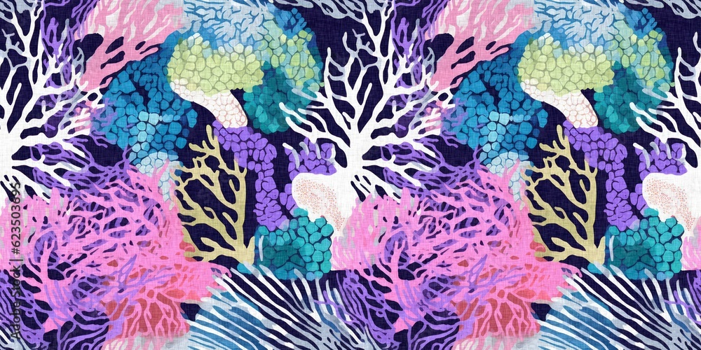 Tropical modern coastal pattern clash fabric coral reef border print ...