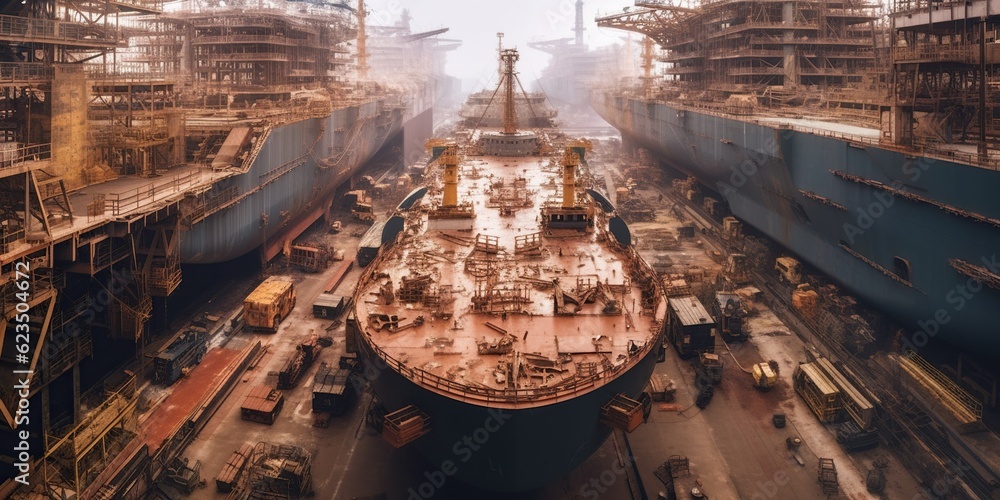 Top view of a busy shipbuilding hangar, skeletal frames of massive ...
