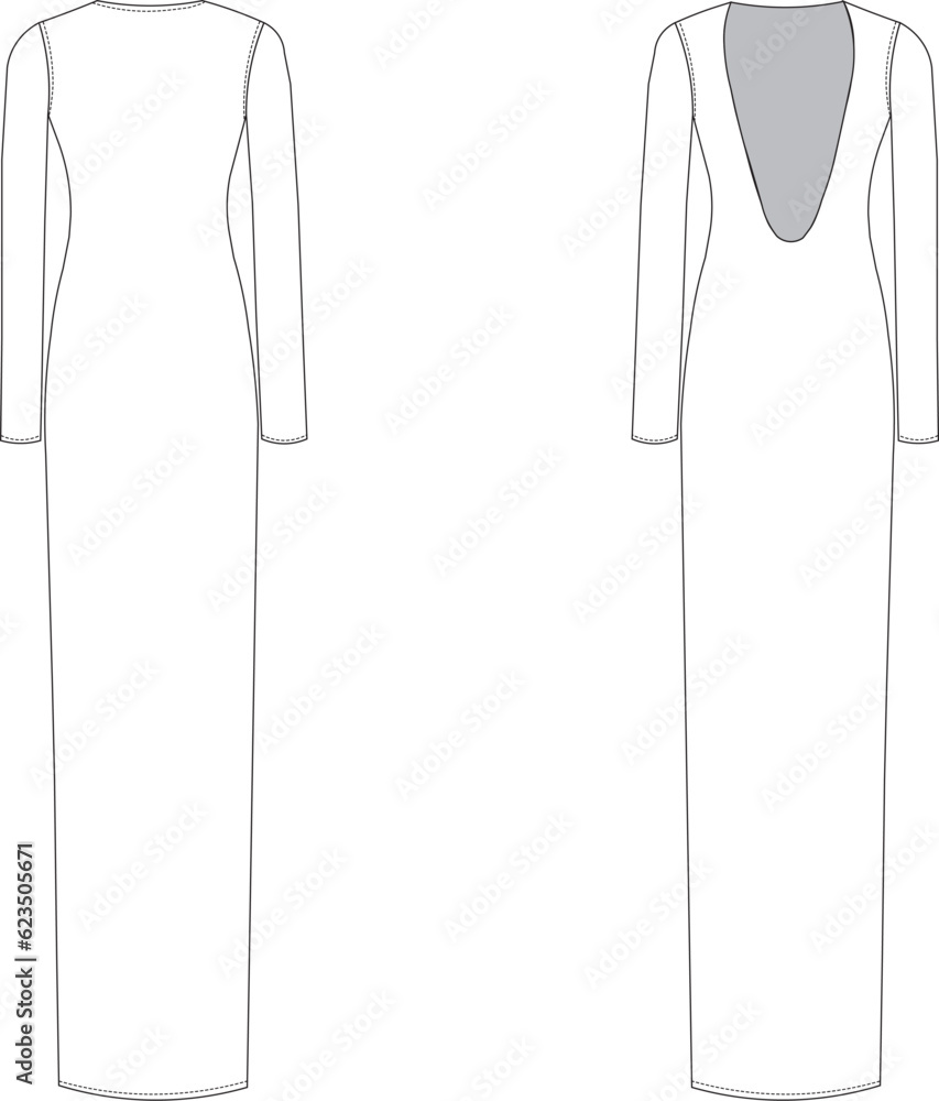 long sleeve backless long dress, Fashion Technical Drawings, Dress ...