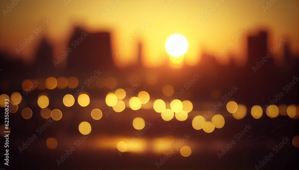 Summer sun blur golden hour hot sky at sunset with city rooftop view in ...