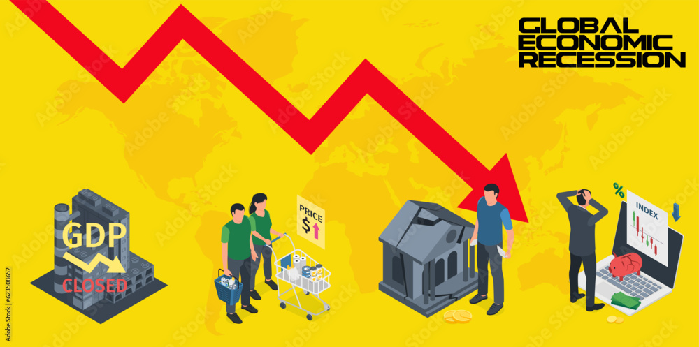 Recession and it's effect illustration with high inflation, poor gdp ...