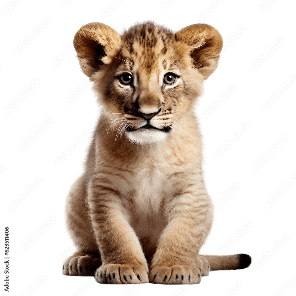 Lion cub sitting , isolated on transparent background cutout ...
