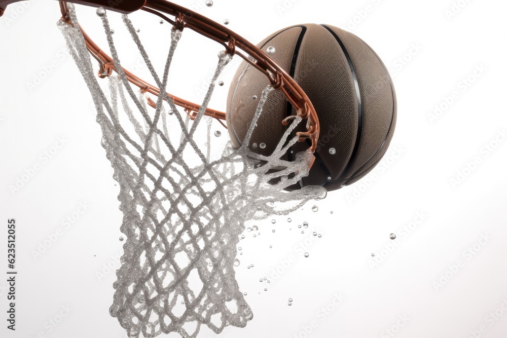 Basketball hits the hoop isolated on white background. Stock ...