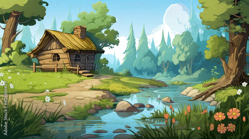 Cartoon illustration of hut and river flowing beside it , Kids cartoon ...