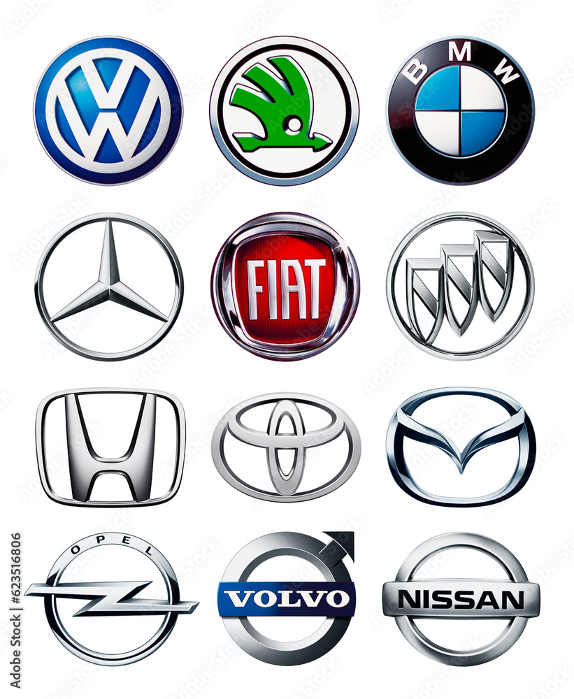 Kiev, Ukraine - March 01, 2016: Collection of popular car logos printed ...