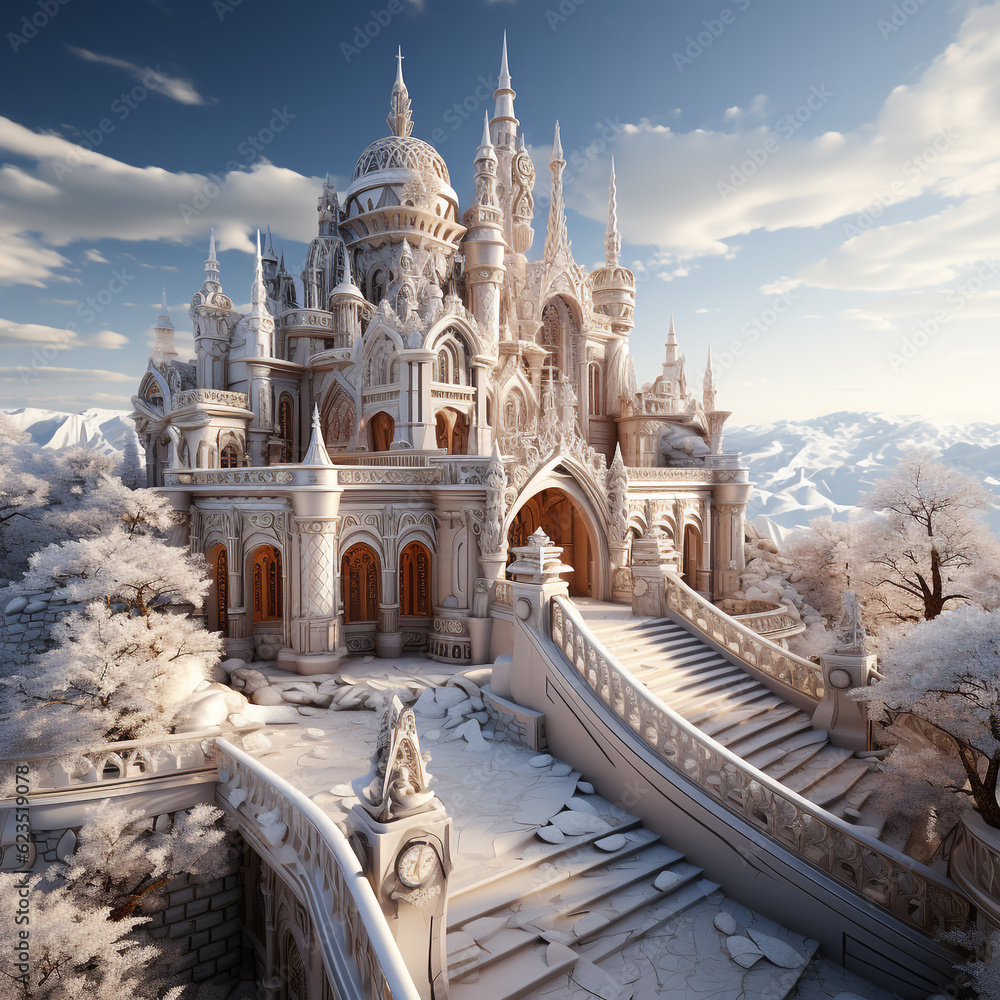 A magical ice and snowy castle with fantasy design. The tallest tower ...