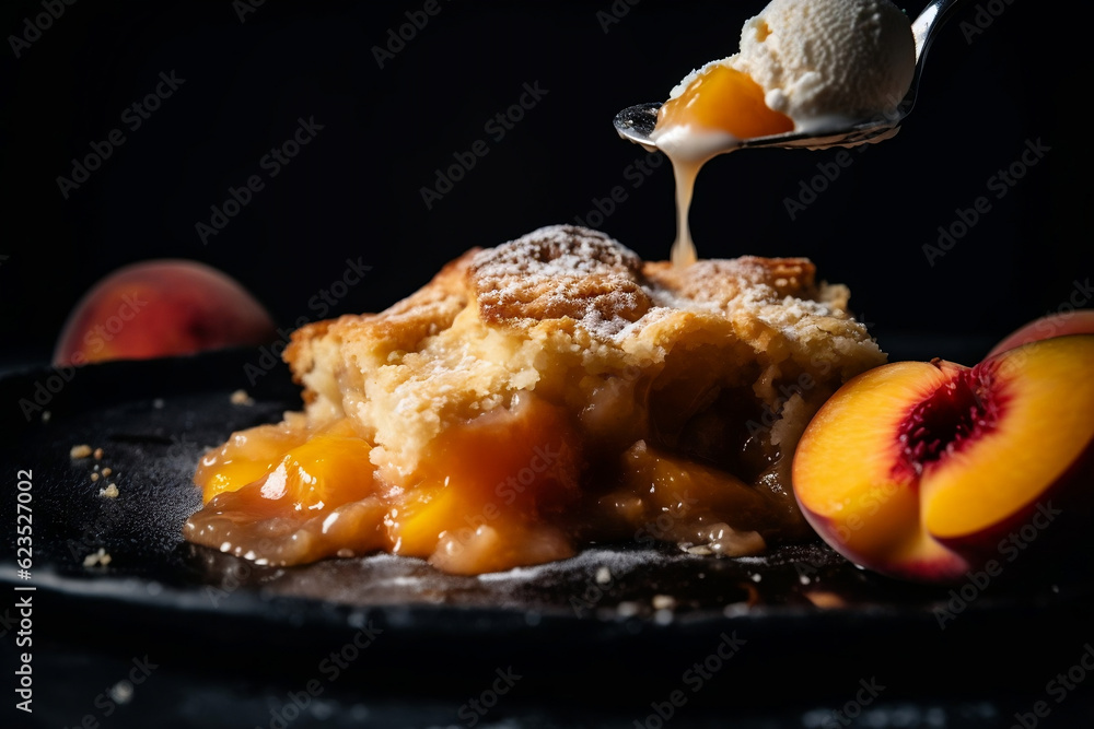 a close up of peach cobbler on a shiny surface with a black background ...