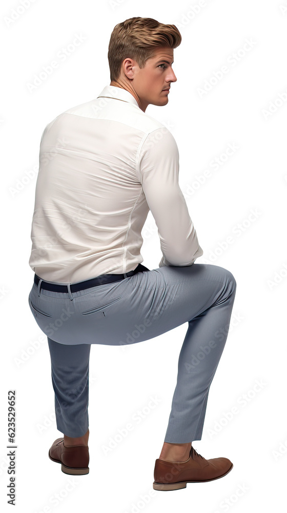 Back view of an Isolated sitting handsome young man wearing a white ...