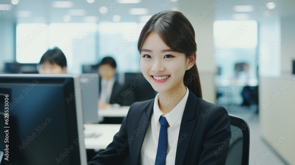 Asian female with a happy smile on her face, wearing a formal black ...