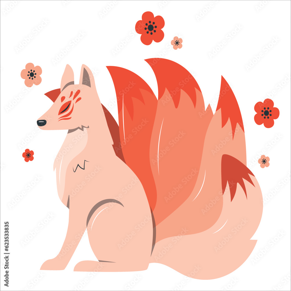 vector abstract illustration of Japanese fantasy creature nine tailed ...