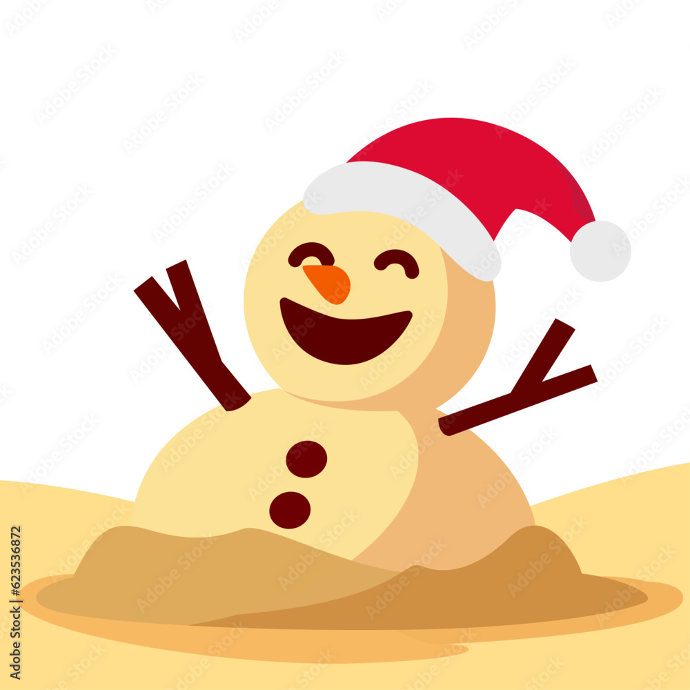 Smiling sandy snowman wearing a Christmas hat at beach on Christmas ...