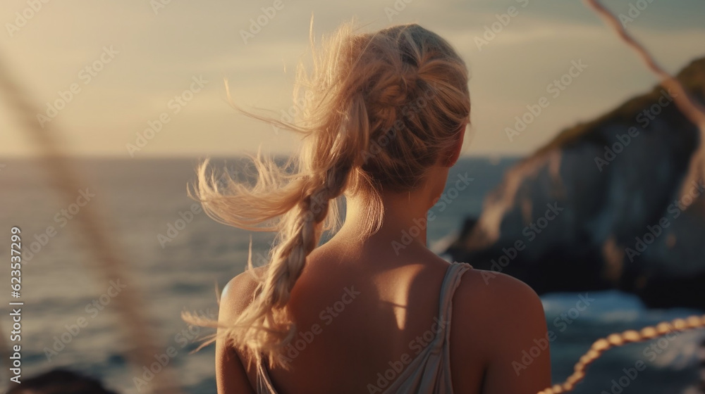 ai generative back view of a young woman in front of the see as a free ...