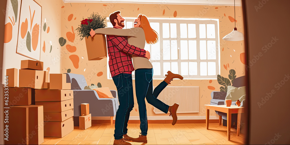 Illustration of a happy couple celebrating their move to a new home ...