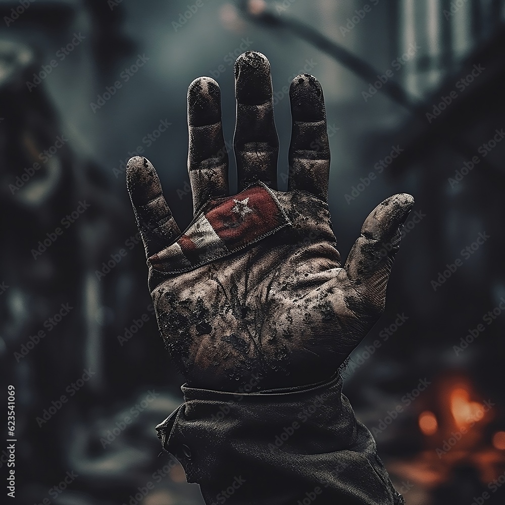 A dirt-covered gloved hand is raised in a dark, gritty post-apocalyptic ...