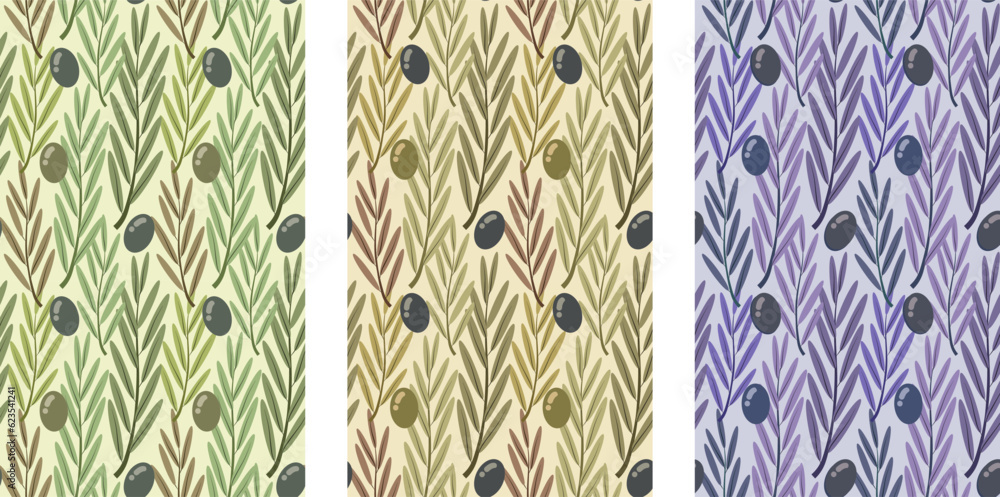Collection of seamless repeat patterns of olives and olive branches ...