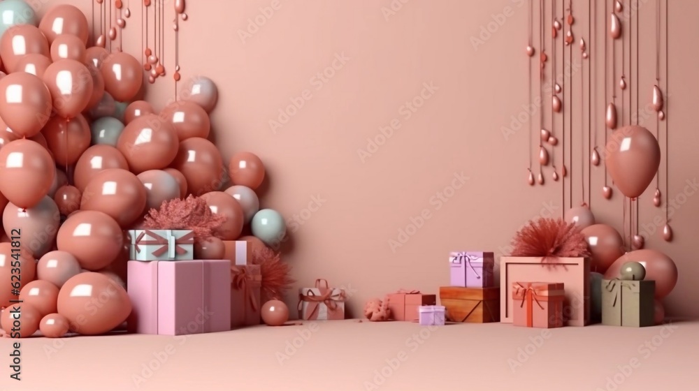 Birthday banner background with realistic 3d party decor. Airballs and ...