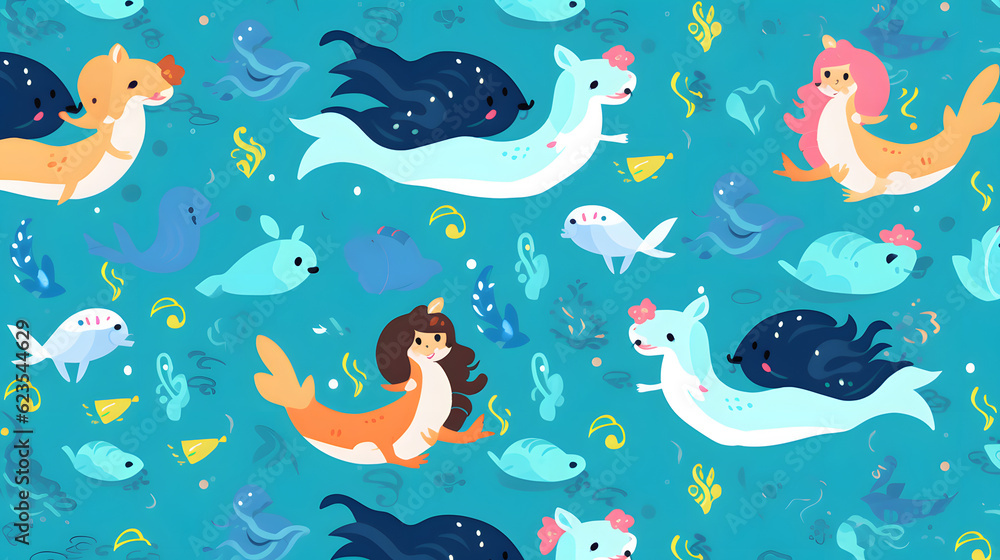 Funny dog mermaid swimming underwater cartoon seamless pattern in flat ...
