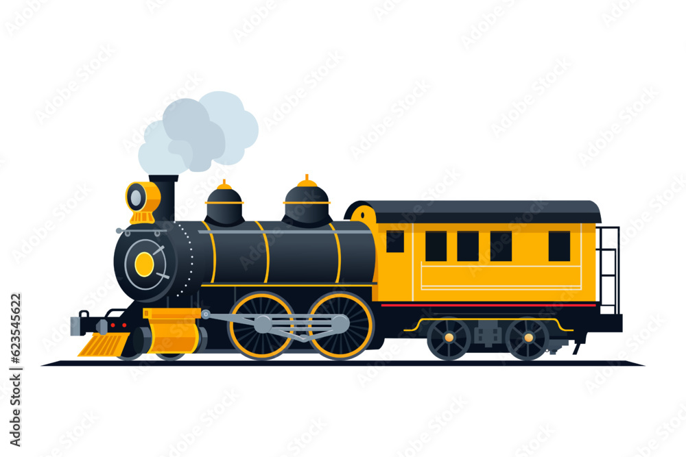 Vintage yellow steam locomotive, train. The locomotive is moving and ...