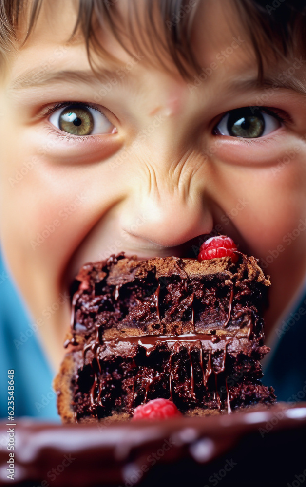 Cute and smiling little boy eats a tasty slice of sweet cake Stock ...
