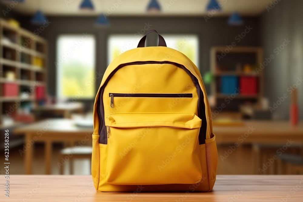 School classroom. New school bag on a student's desk in the classroom ...