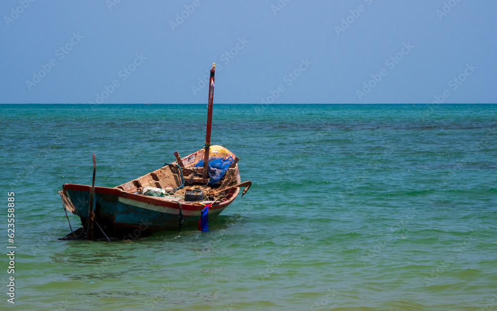Panorama landscape look view point Small fishing boat wooden parked ...