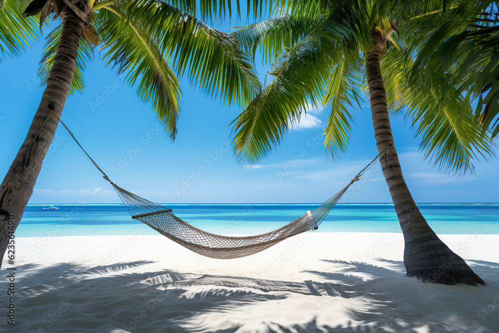 hammock tied between two palm trees on a white sandy beach, generative ai Stock Illustration ...