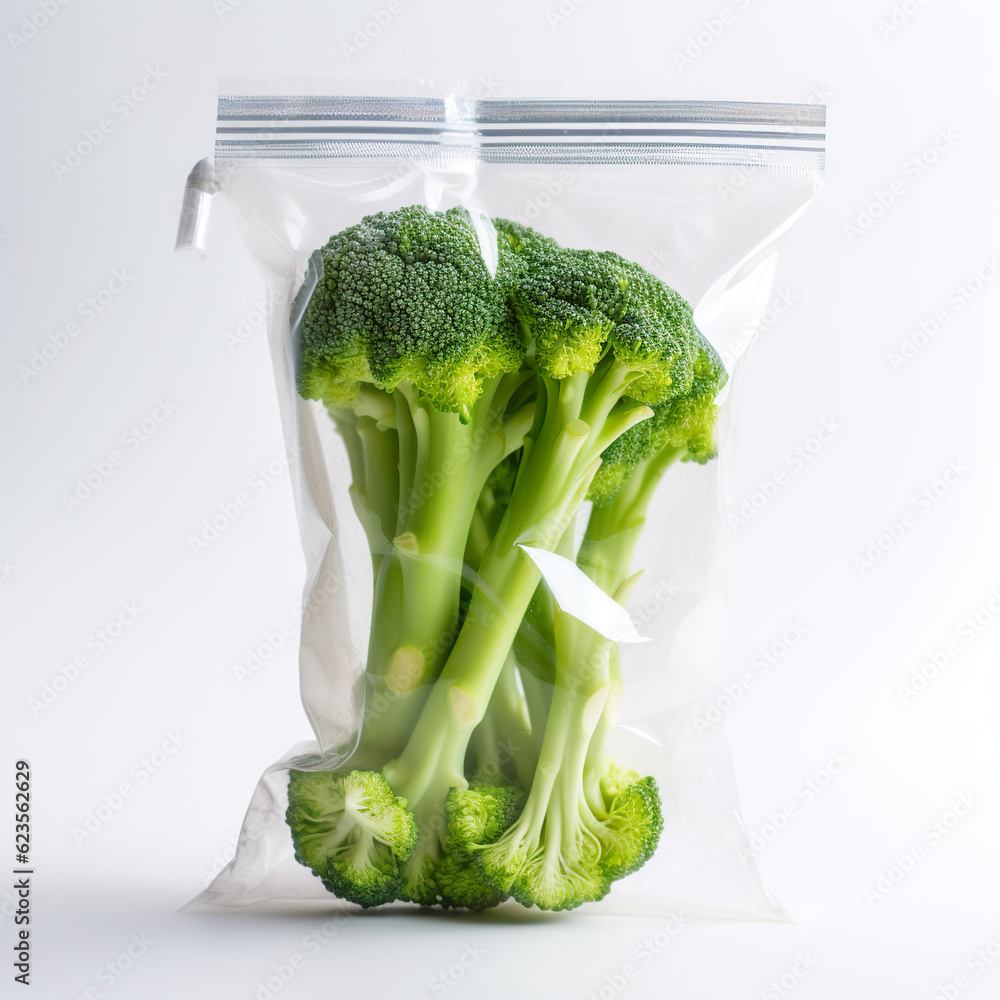 A clear zip-lock plastic bag with lots of broccoli inside. Broccoli in transparent bag ...