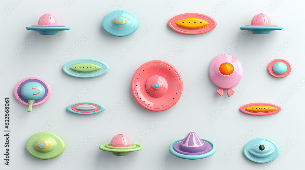 Fantastic vivid children's UFO toys. Layout of bright children's toys ...