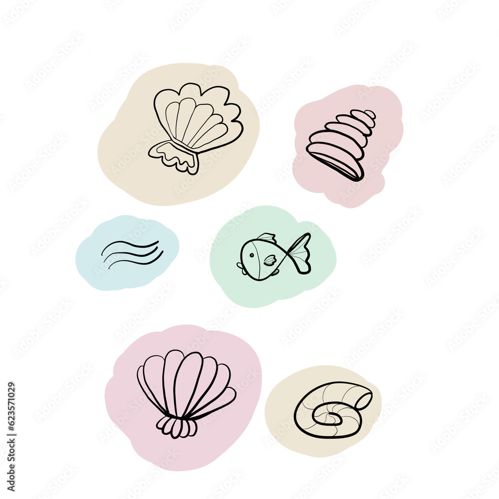 Set of sea theme icons on the transparent background. Logos. Seashells ...