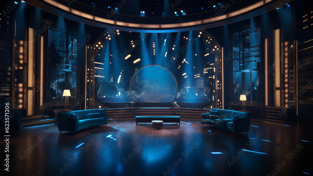 Immersive TV studio stage, with led and spotlights lights and luxury ...