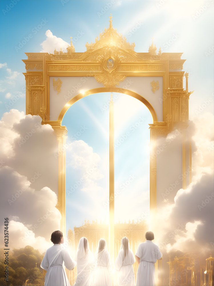 The righteous in white robes at the shining gates of the entrance to ...