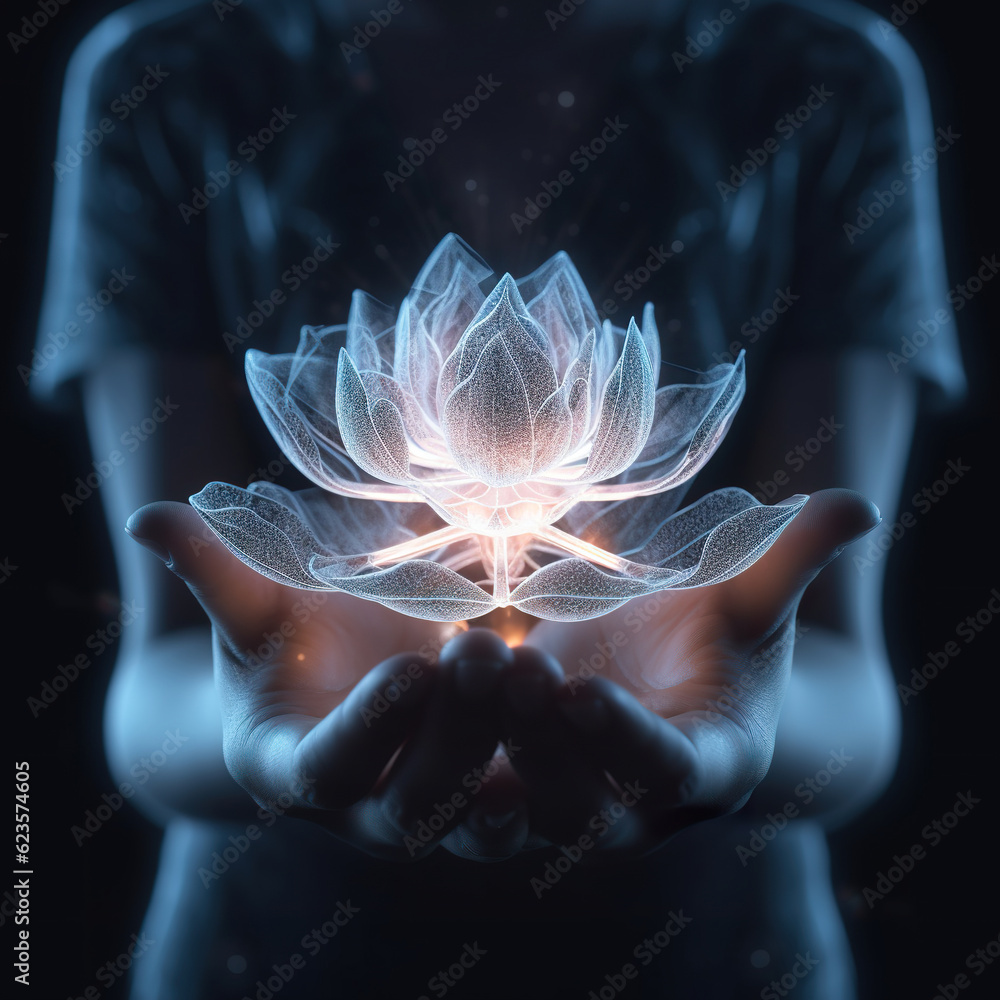 Silhouette of an invisible person holding an illuminated lotus flower ...